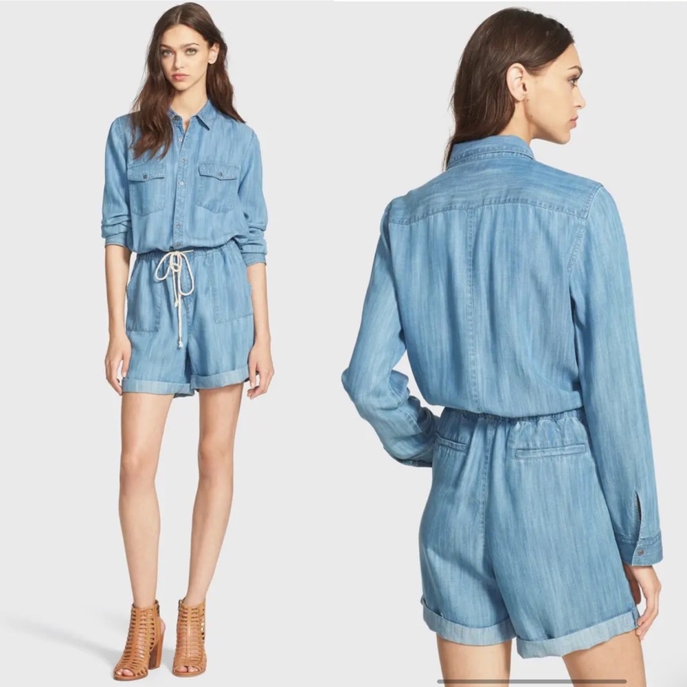 Hinge Chambray Button Down Self Tie Denim Romper (Xs) - Gem